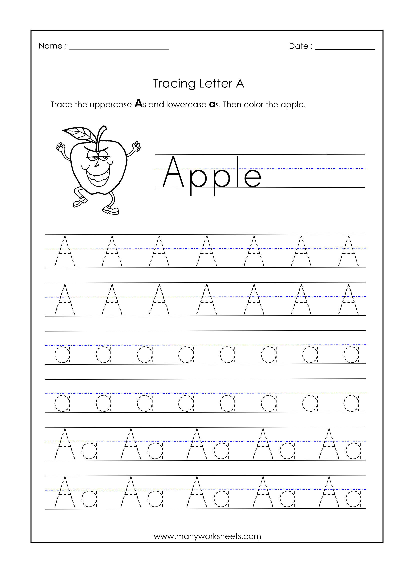 Letter A Worksheets For Kindergarten Trace Dotted Letters